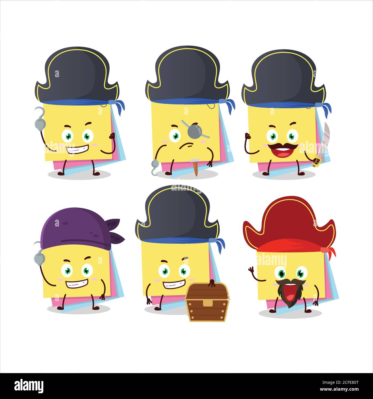 Cartoon character of sticky notes paper with various pirates emoticons ...