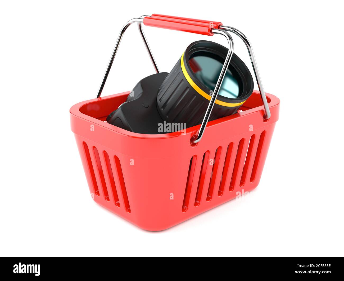 Camera inside shopping basket isolated on white background Stock Photo ...