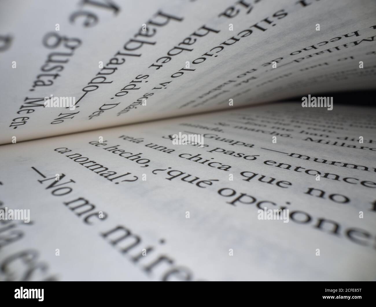 Close up of pages of modern opened book with printed story and black ...