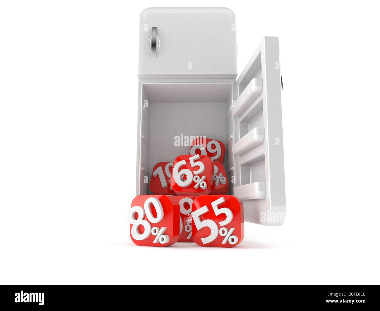 Open fridge with percentage numbers isolated on white background Stock ...
