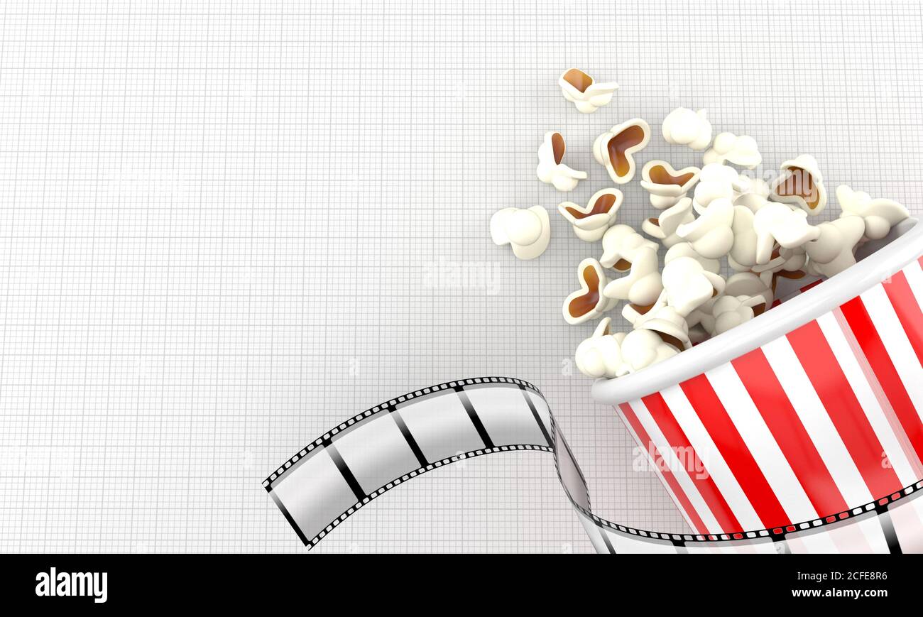 Popcorn with film strip on blank sheet of paper Stock Photo - Alamy