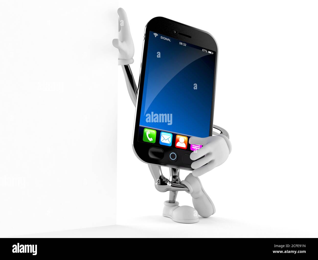 Smart phone character leaning against a wall isolated on white ...