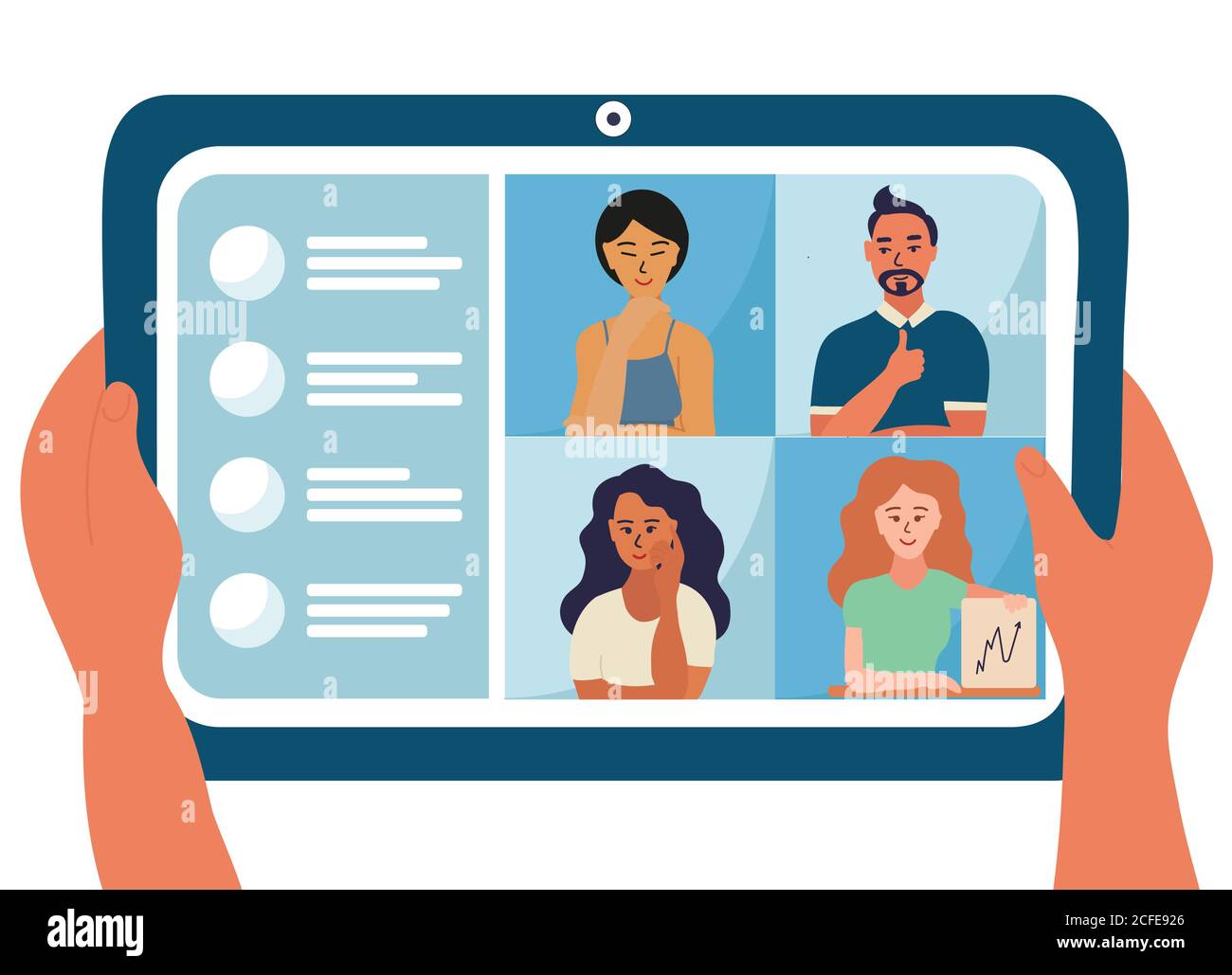 Four people are on the tablet device screen, conference video call ...