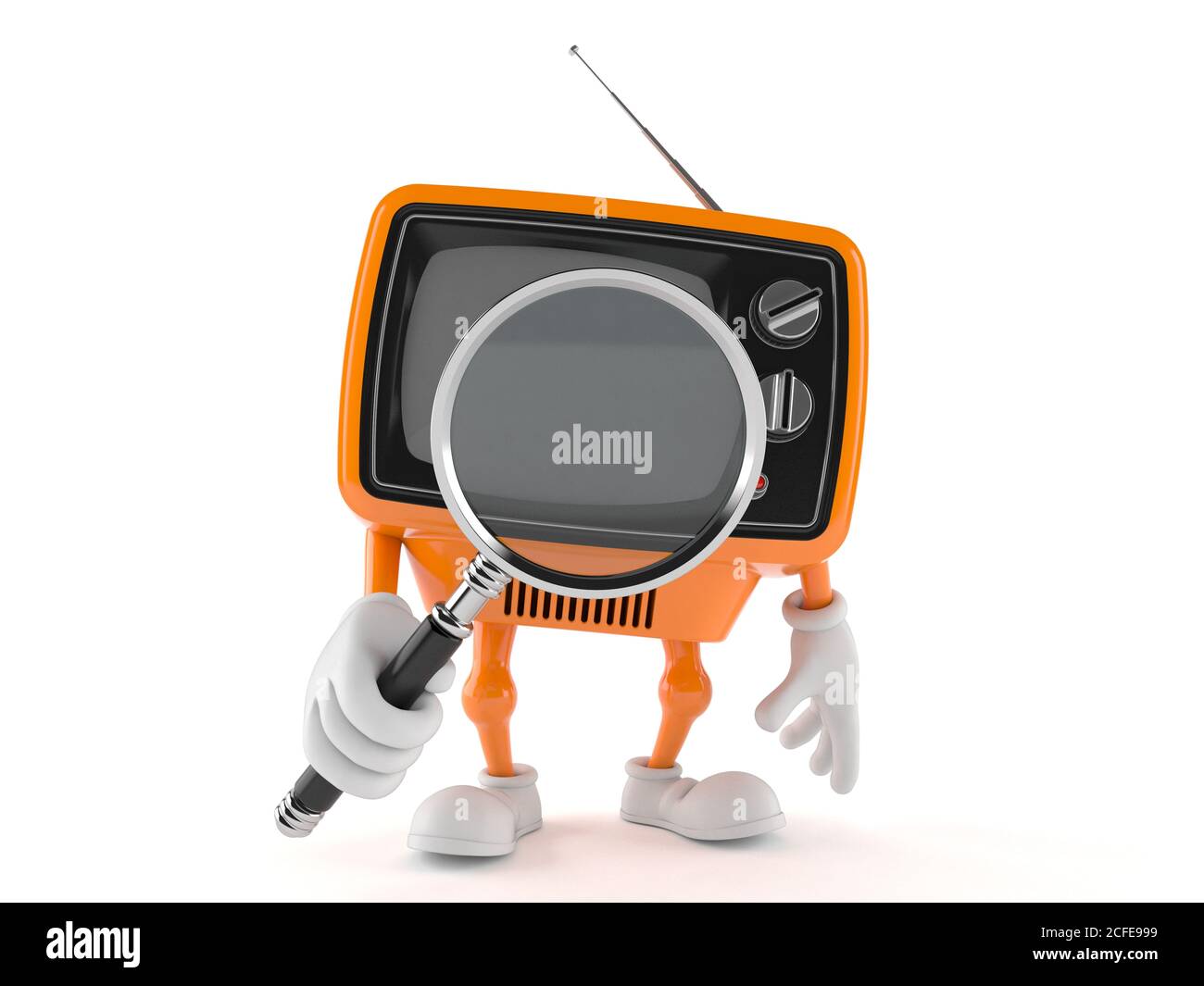Retro TV character looking through magnifying glass isolated on white ...