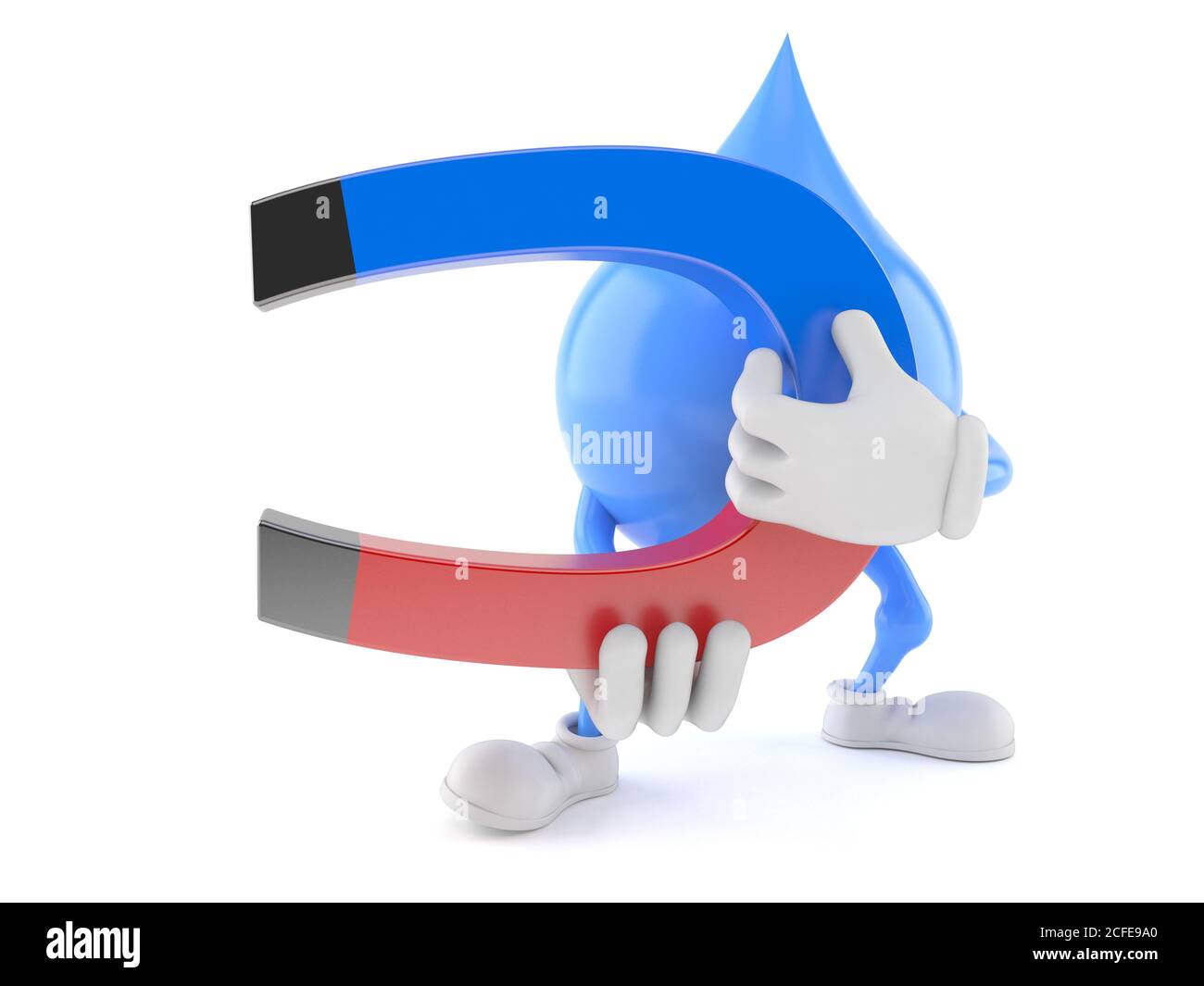 Water drop character holding horseshoe magnet isolated on white ...