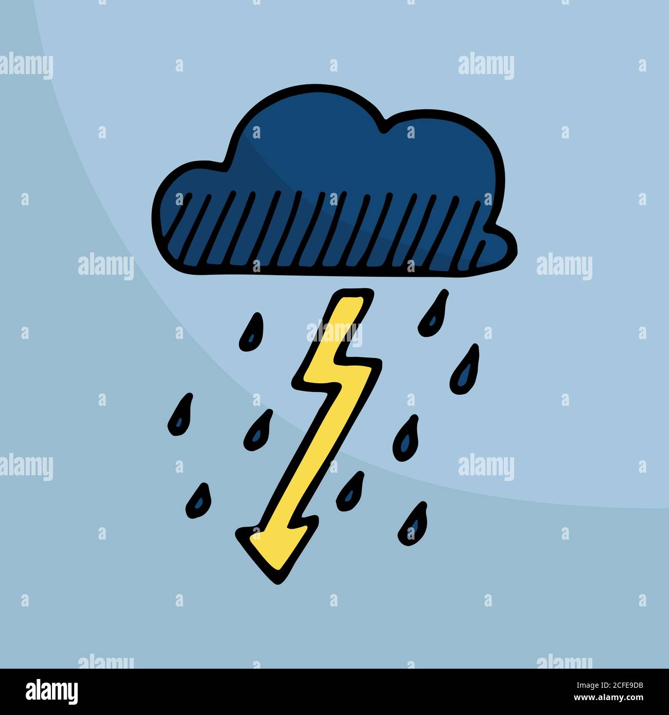 Colored blue thundercloud with lightning and raindrops. doodle cloud ...