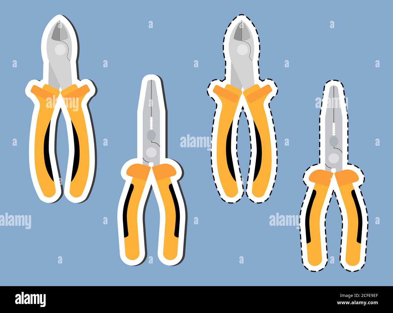 Set of yellow side cutters and pliers. Stickers with dotted line and ...