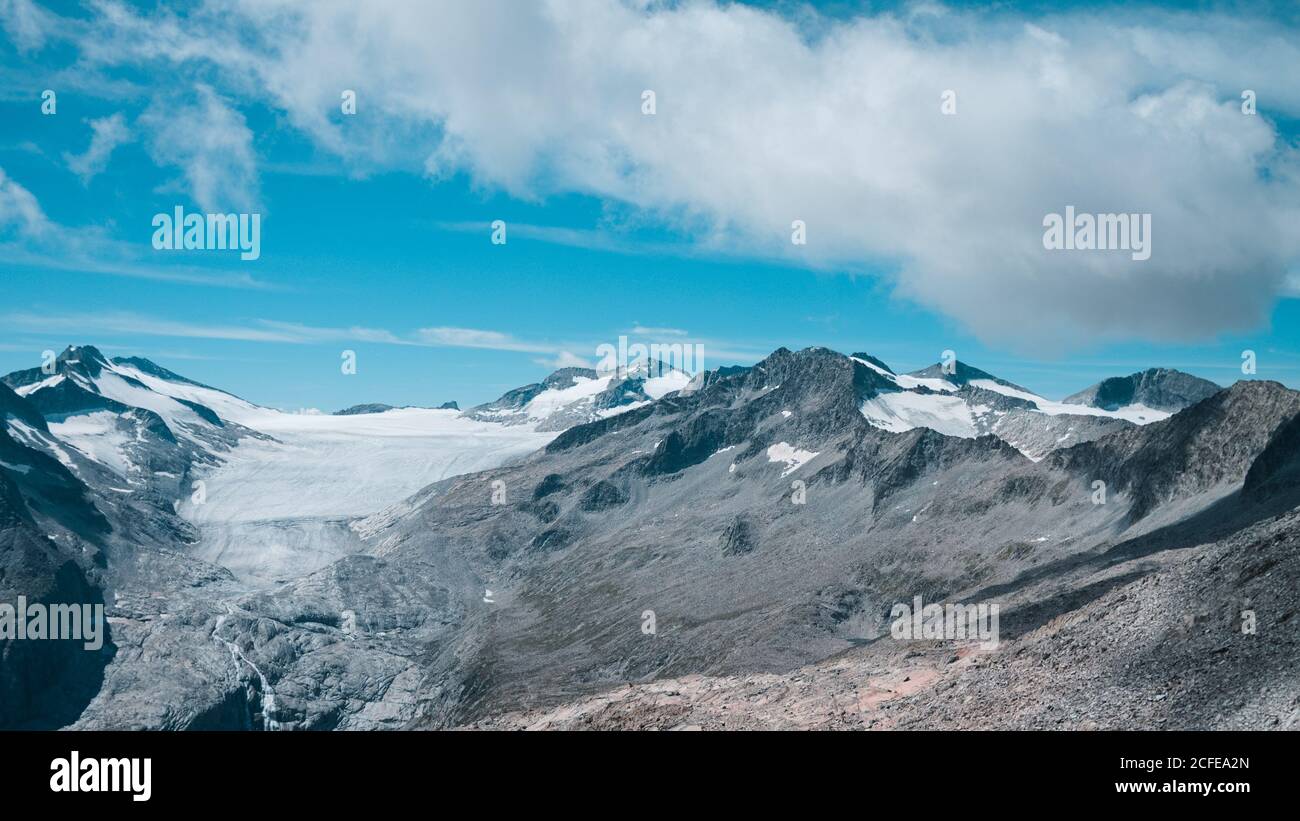 Panoramic view of the glaciers on the top of the mountains in the ...