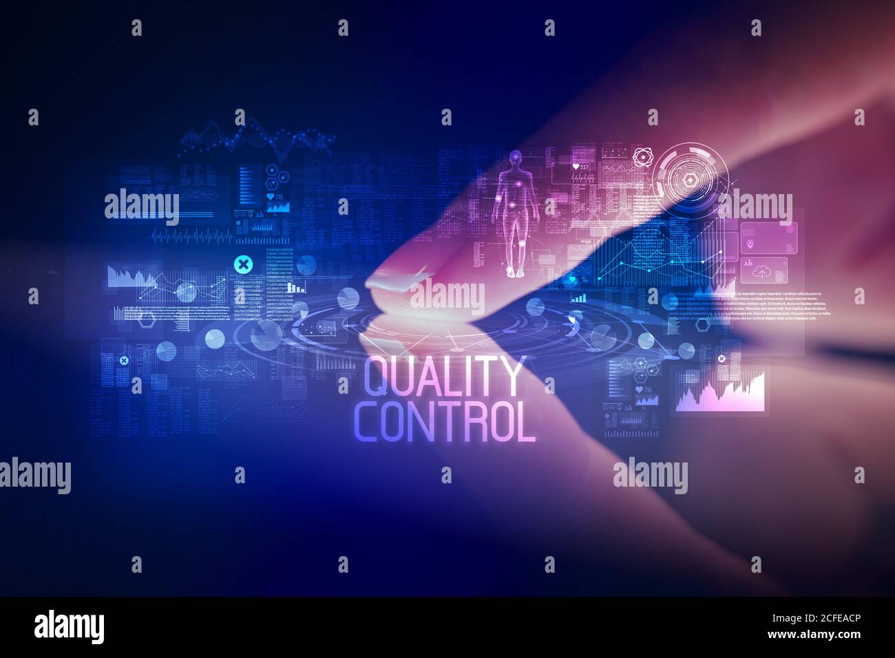 Finger touching tablet with web technology icons and QUALITY CONTROL ...