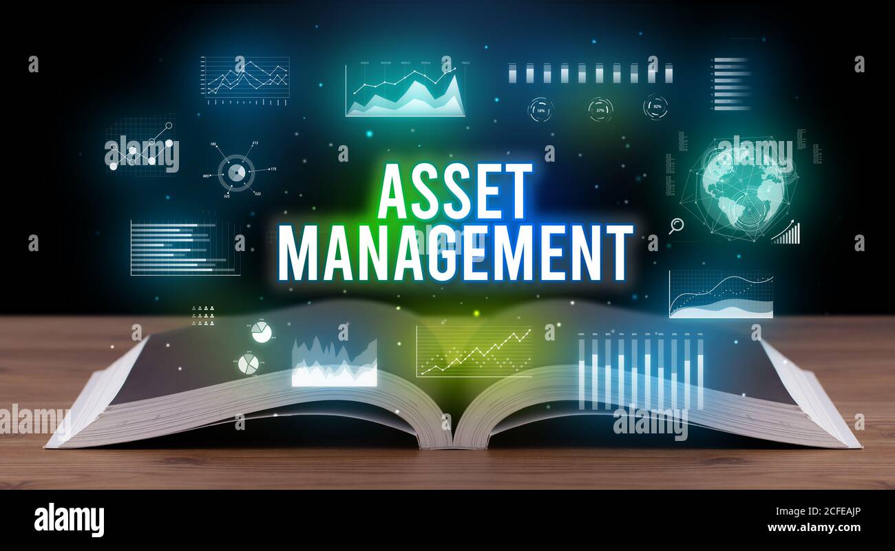 ASSET MANAGEMENT inscription coming out from an open book, creative ...