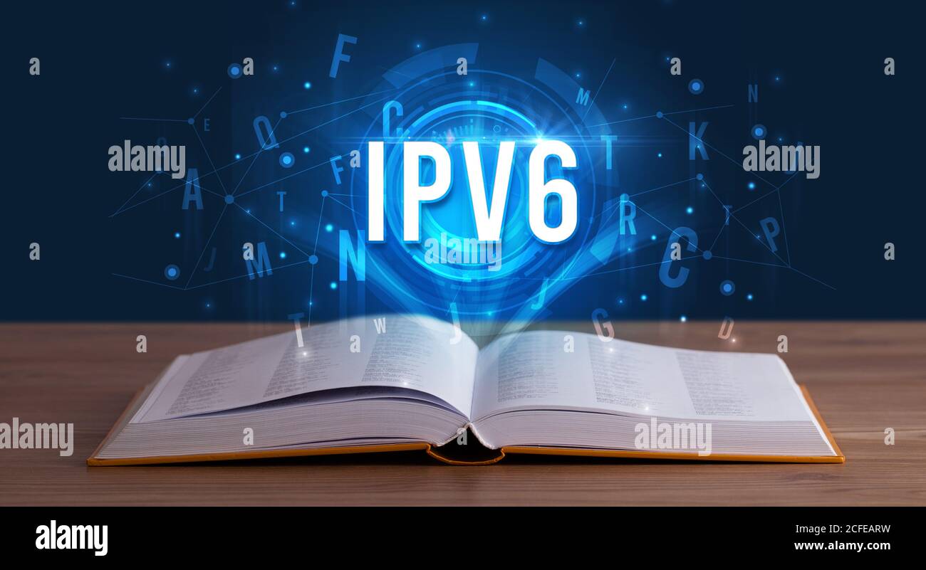 IPV6 inscription coming out from an open book, digital technology ...