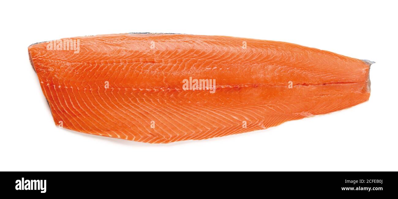Whole raw salmon fillet isolated on white background. Half of fresh ...