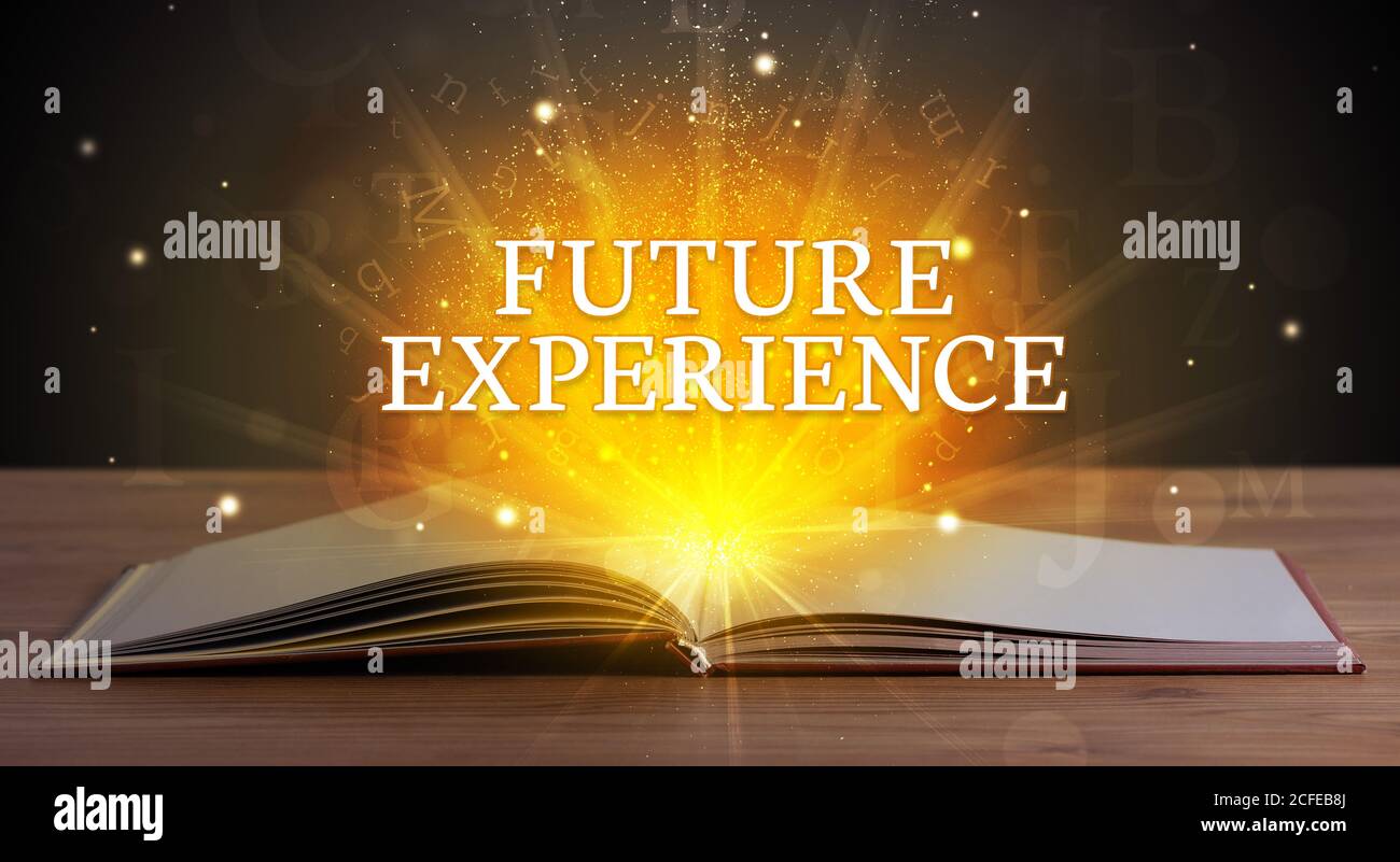 FUTURE EXPERIENCE inscription coming out from an open book, educational concept Stock Photo - Alamy