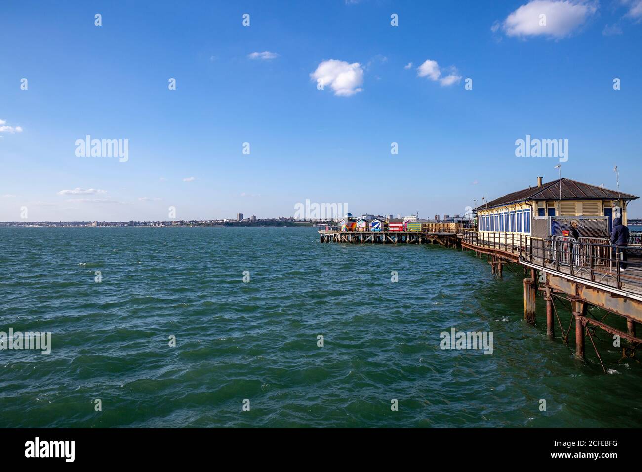 Brightly painted beach huts / sheds on Southend pier, Essex, UK Stock ...