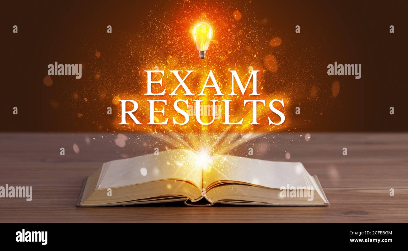 EXAM RESULTS inscription coming out from an open book, educational ...