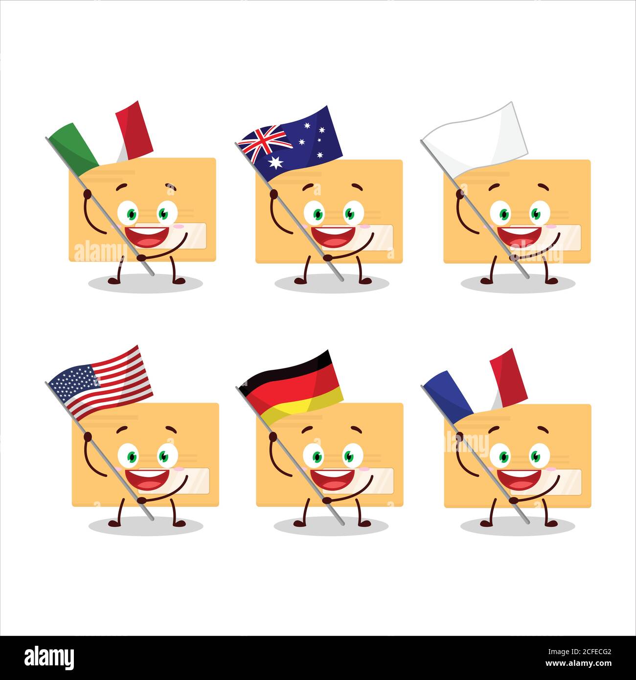 Brown rectangle envelope cartoon character bring the flags of various ...