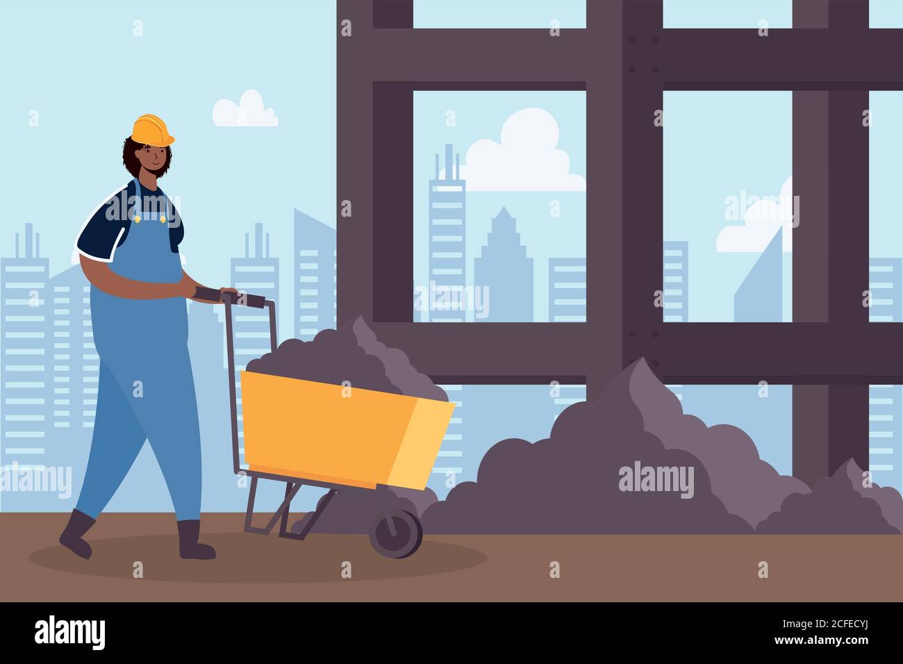 constructor worker with wheelbarrow character scene vector illustration ...