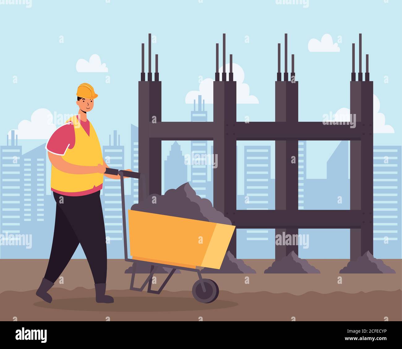 constructor worker with wheelbarrow scene vector illustration design ...