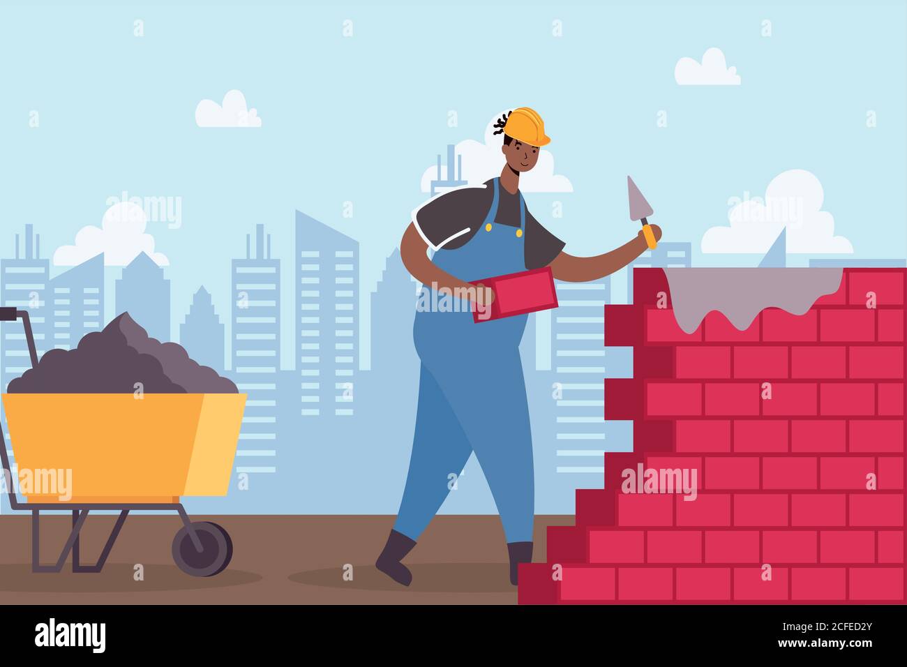 constructor worker with wheelbarrow and wall scene vector illustration ...