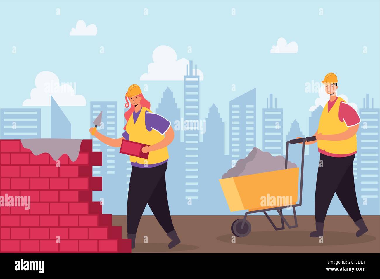 constructors workers with wall and wheelbarrow characters scene vector ...