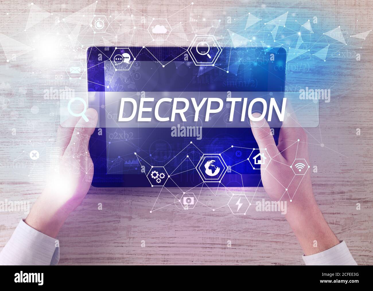 Close-up of a tablet searching DECRYPTION inscription, hi-tech ...