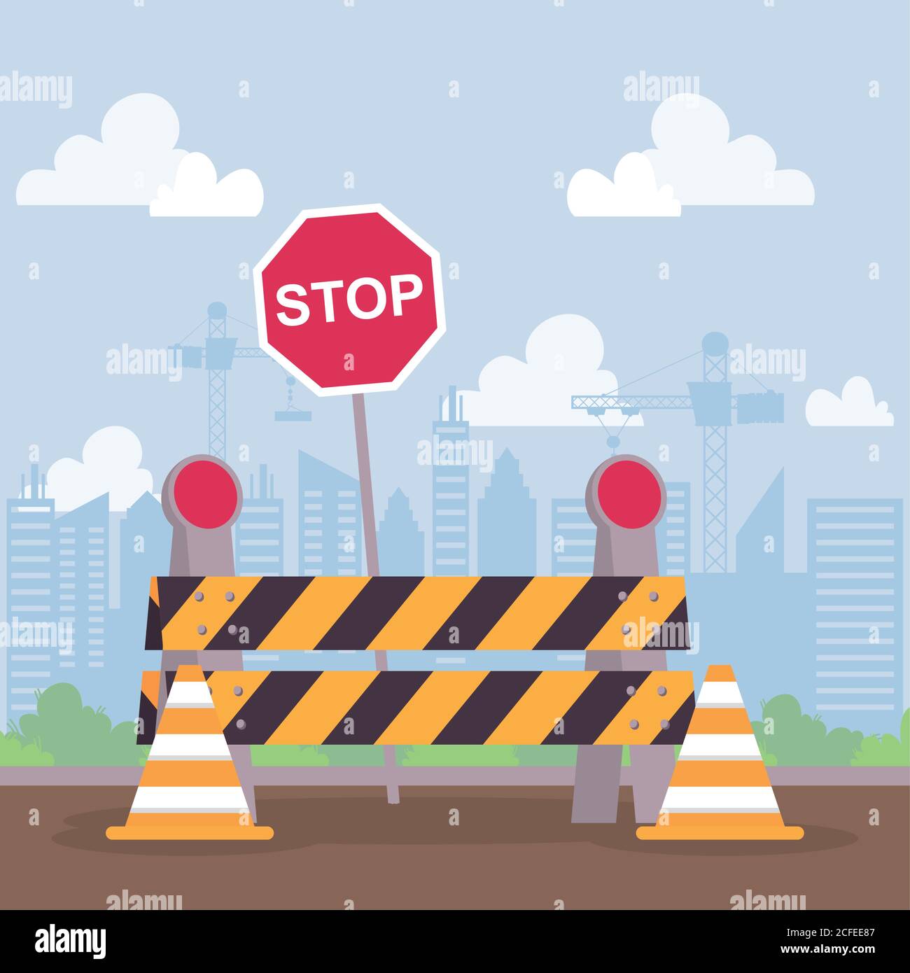 construction scene with barricade and stop signal vector illustration ...