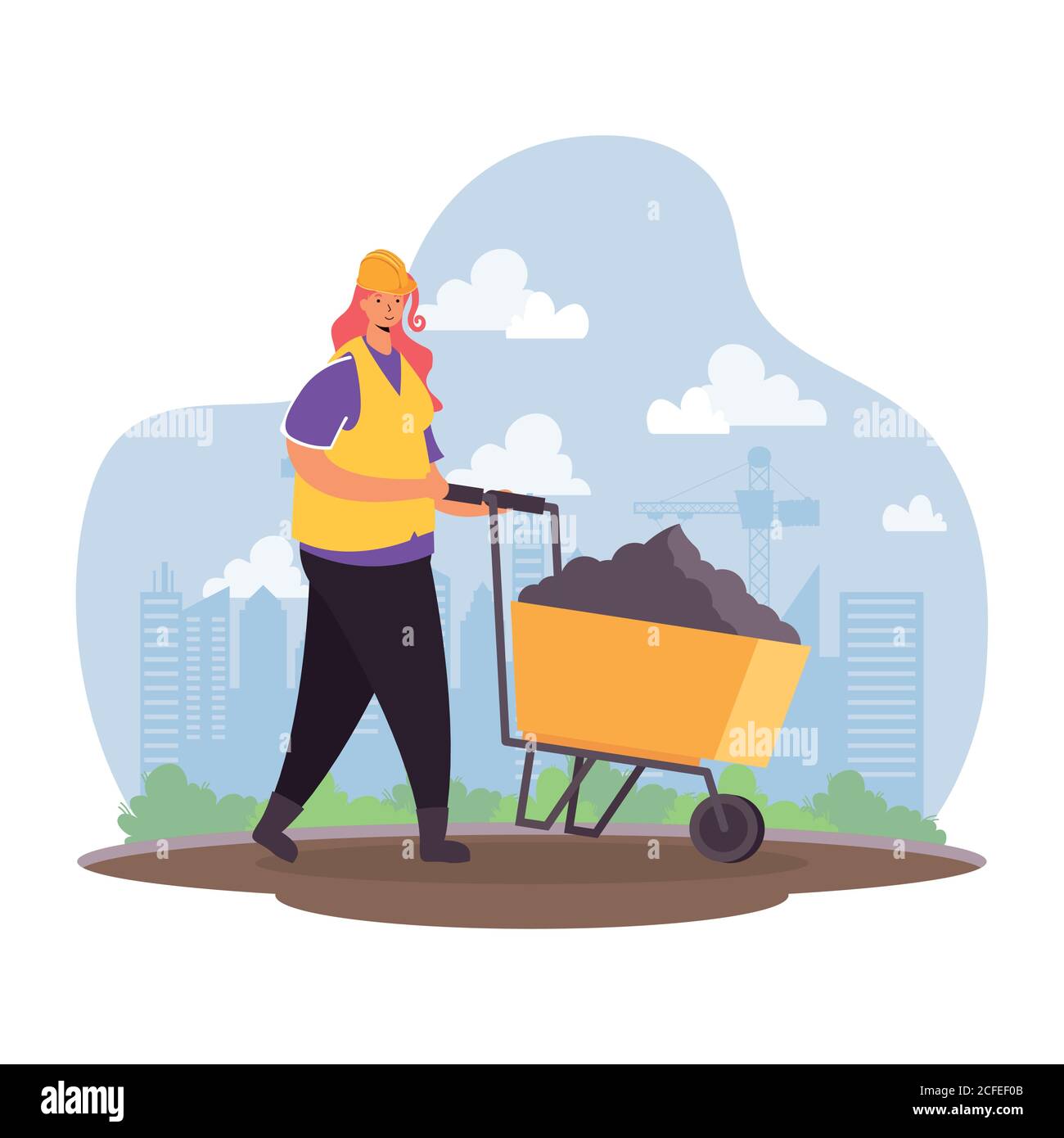 constructor worker with wheelbarrow character scene vector illustration ...