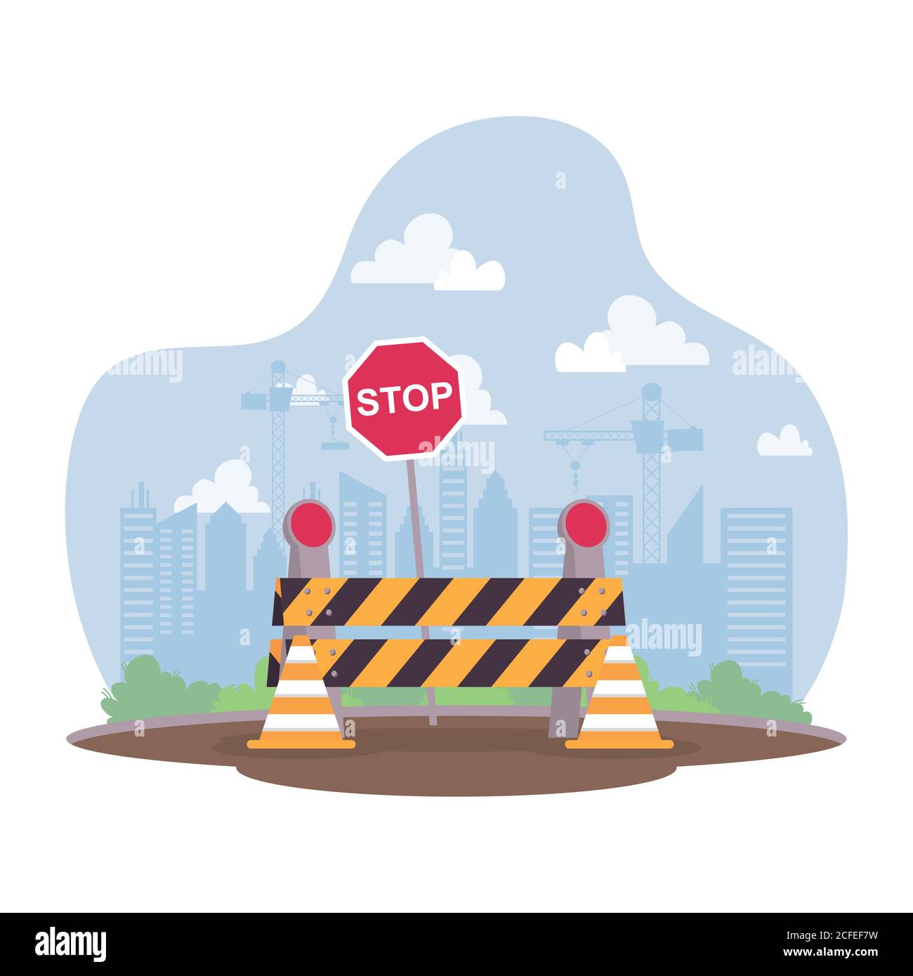 construction scene with barricade and stop signal vector illustration ...