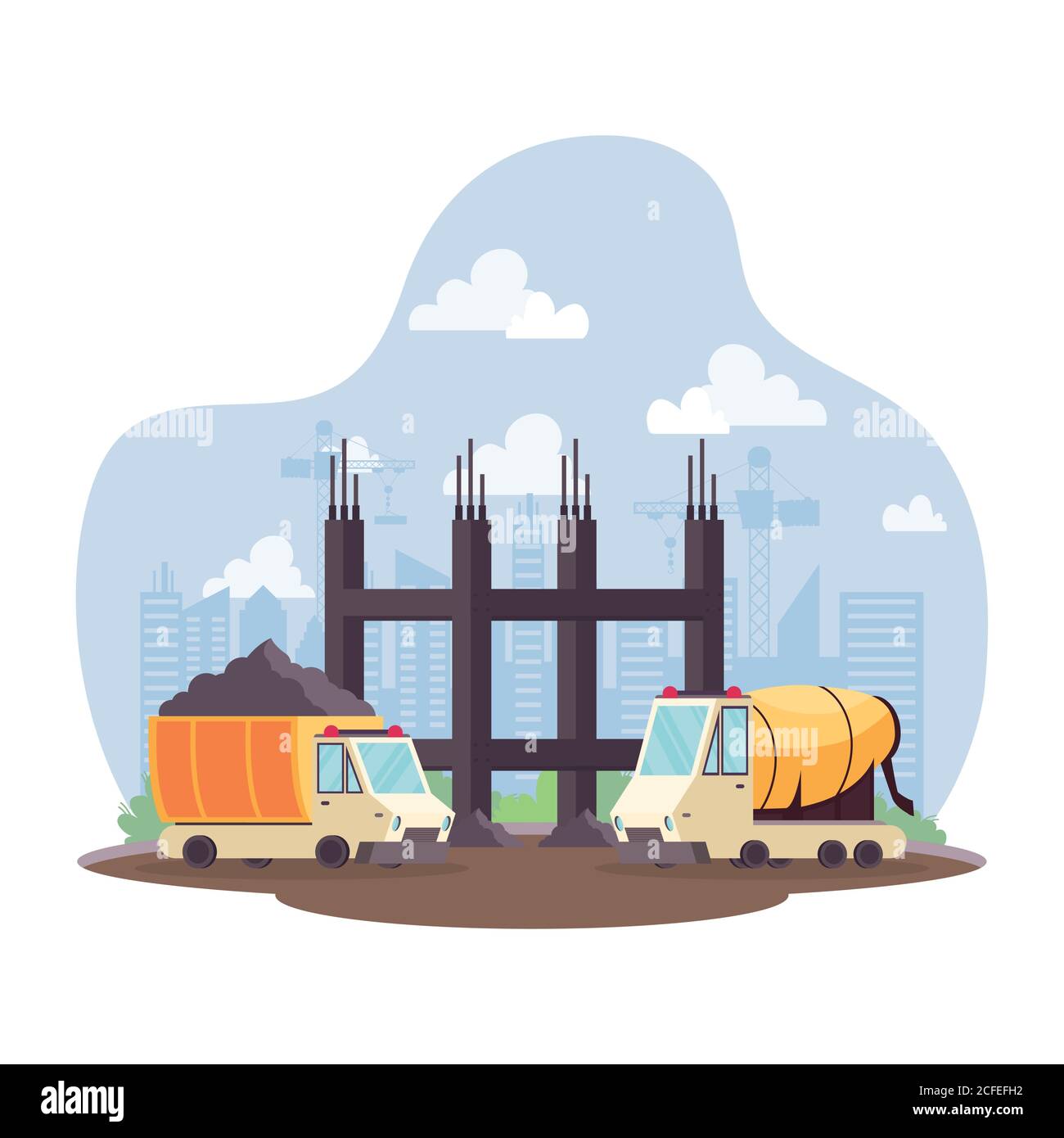 construction dump and concrete mixer vehicles in workplace scene vector ...
