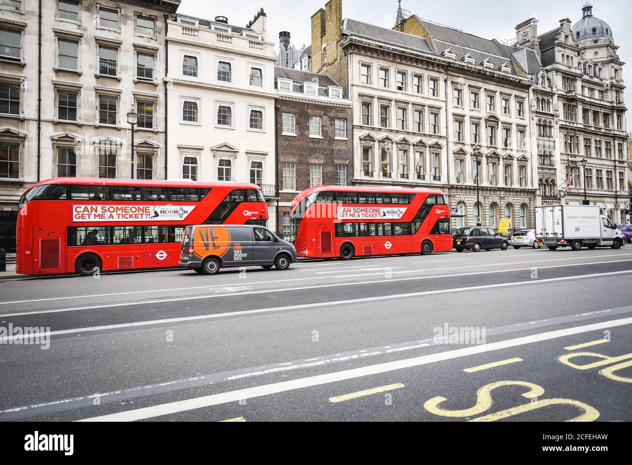 LONDON, UK - APRIL 07, 2017: Modern red double decker bus in London.An ...