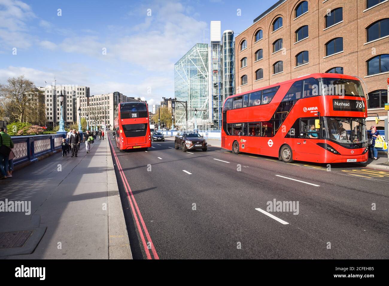 LONDON, UK - APRIL 07, 2017: Modern red double decker bus in London.An ...