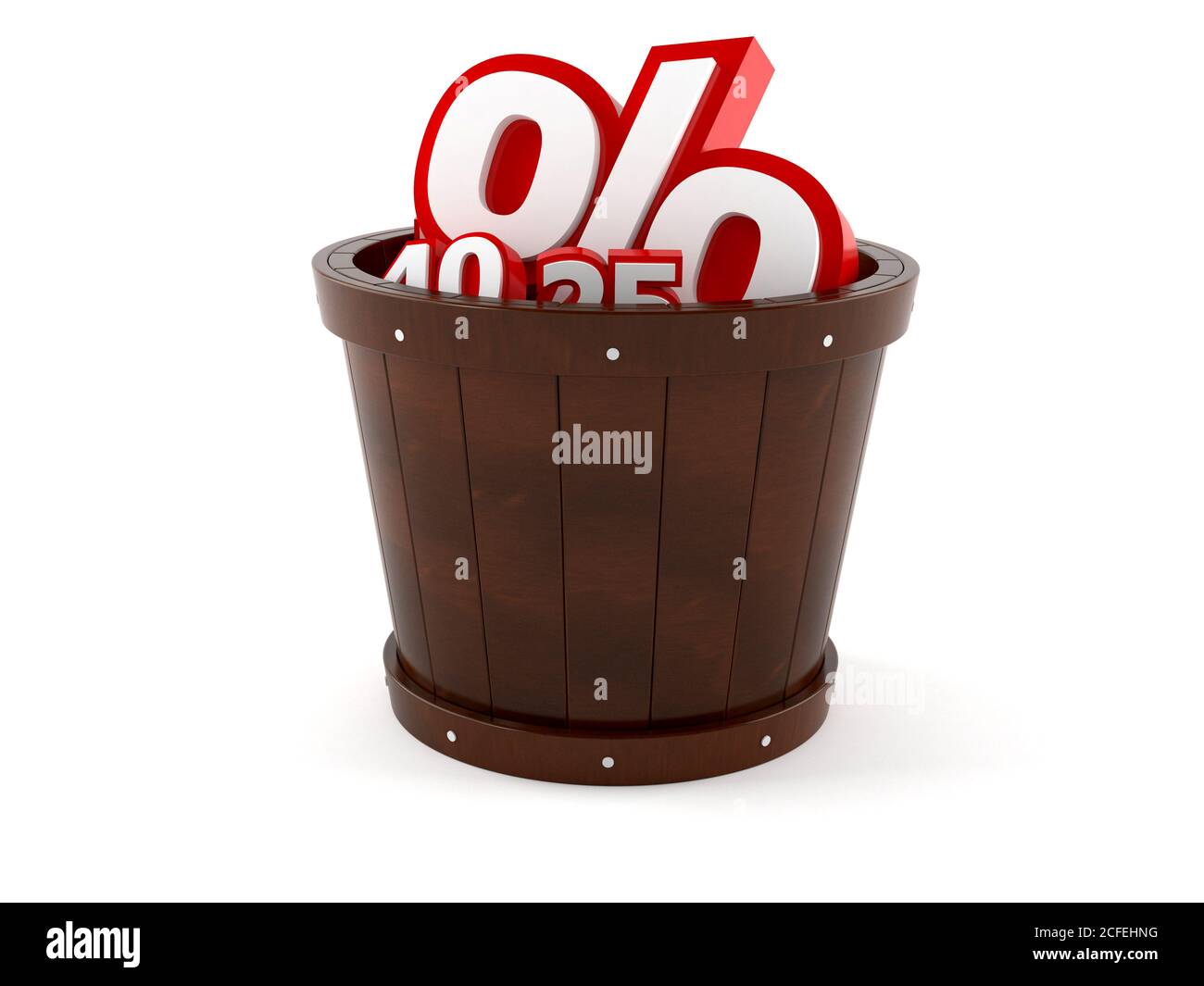 Wooden bucket with percent numbers isolated on white background Stock ...