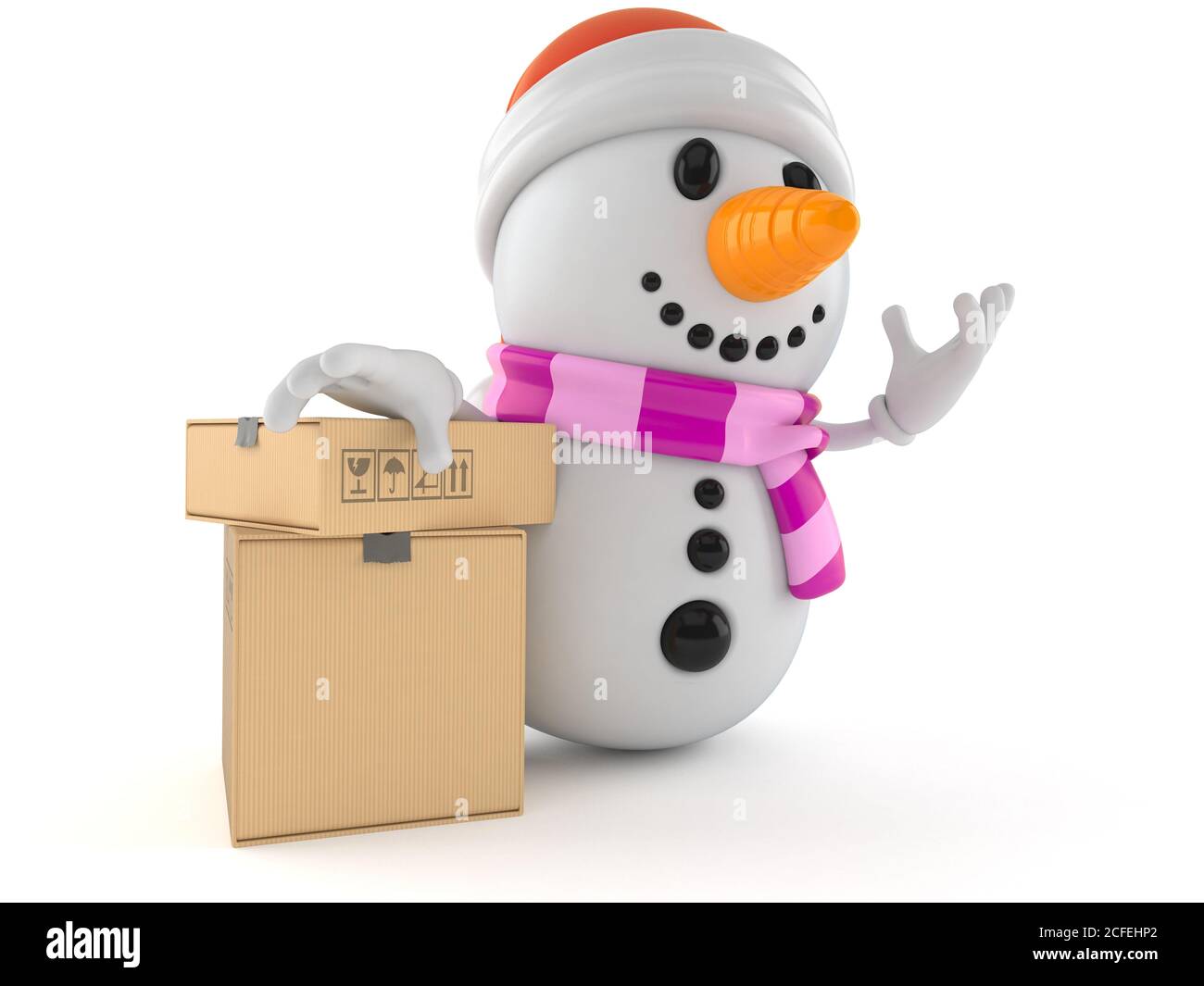 Snowman character with stack of boxes isolated on white background ...