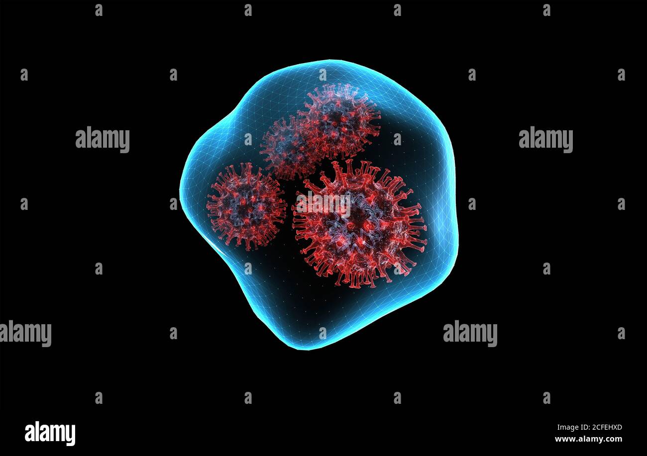Infected droplet. 3D illustration showing one respiratory droplet ...