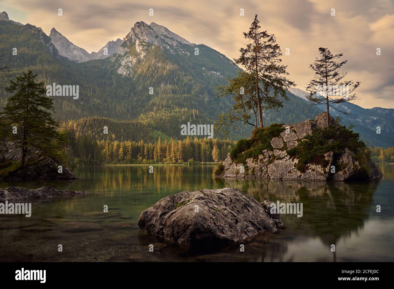 Lake Hintersee and the Berchtesgaden Alps at sunrise in Ramsau, Germany ...
