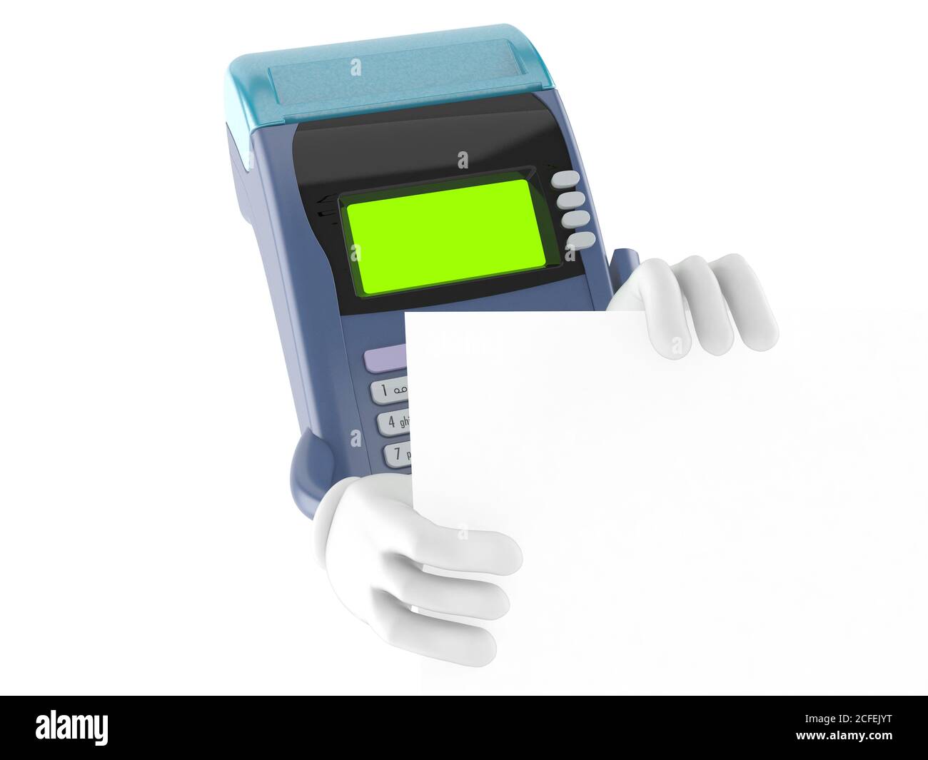 Credit card reader character behind white board isolated on white ...