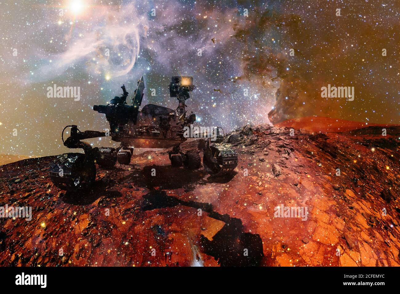Curiosity rover exploring the surface of Mars. Science fiction ...