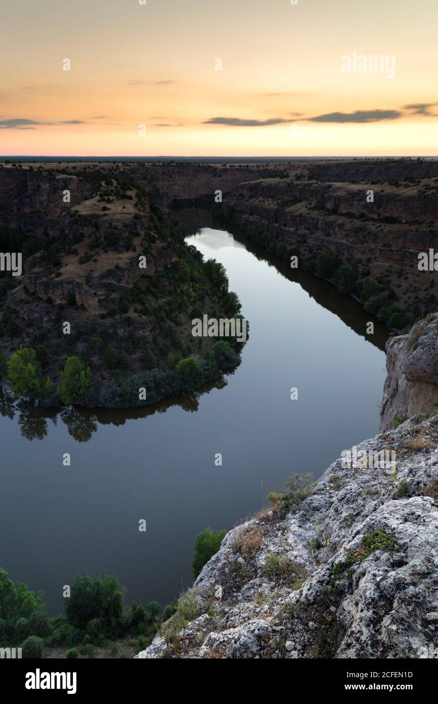 Vertical view of the Hoces del Rio Duraton Natural Park at sunset ...