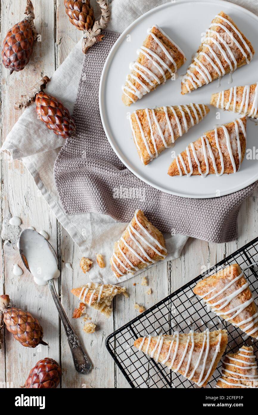 Top view of tasty sweet homemade triangle scones decorated with sugar ...