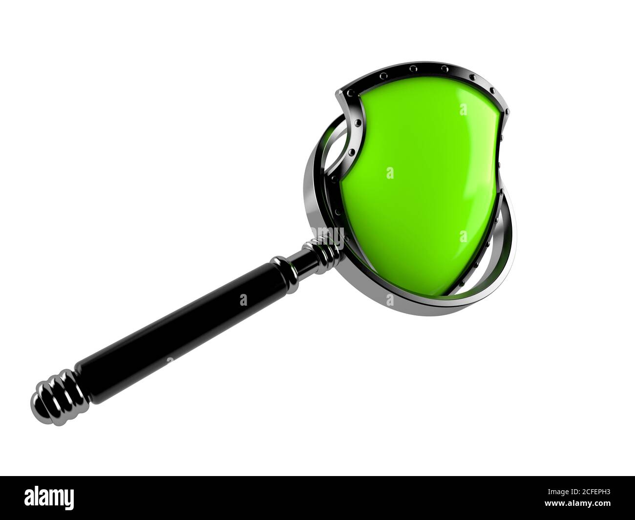 Shield with magnifying glass isolated on white background Stock Photo ...