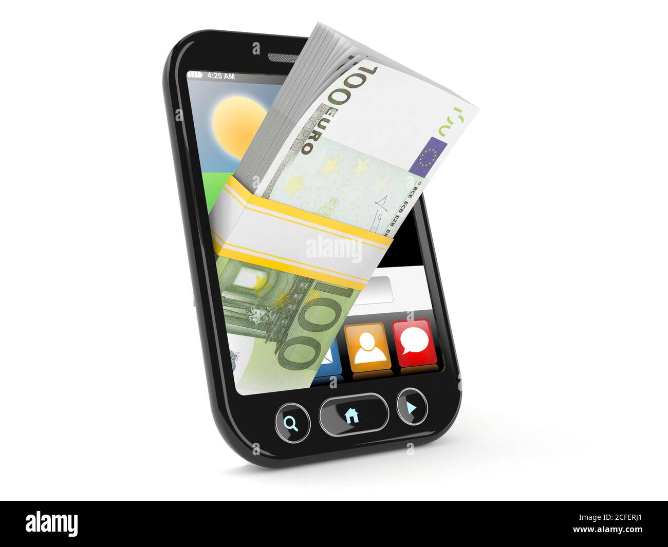 Smart phone with euro currency isolated on white background Stock Photo ...