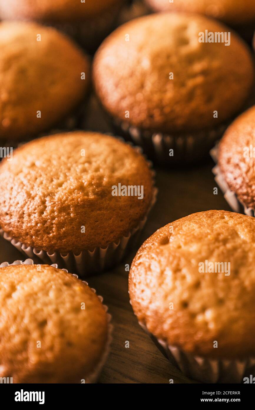 From above close up of delicious ready to eat muffin in paper case ...