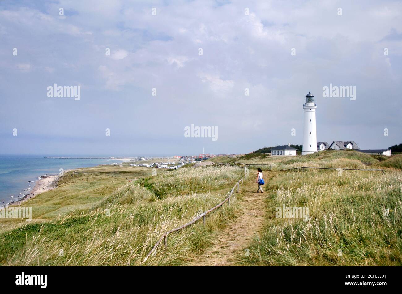 The lighthouse Hirtshals Fyr above the city of Hirtshals in Jutland ...