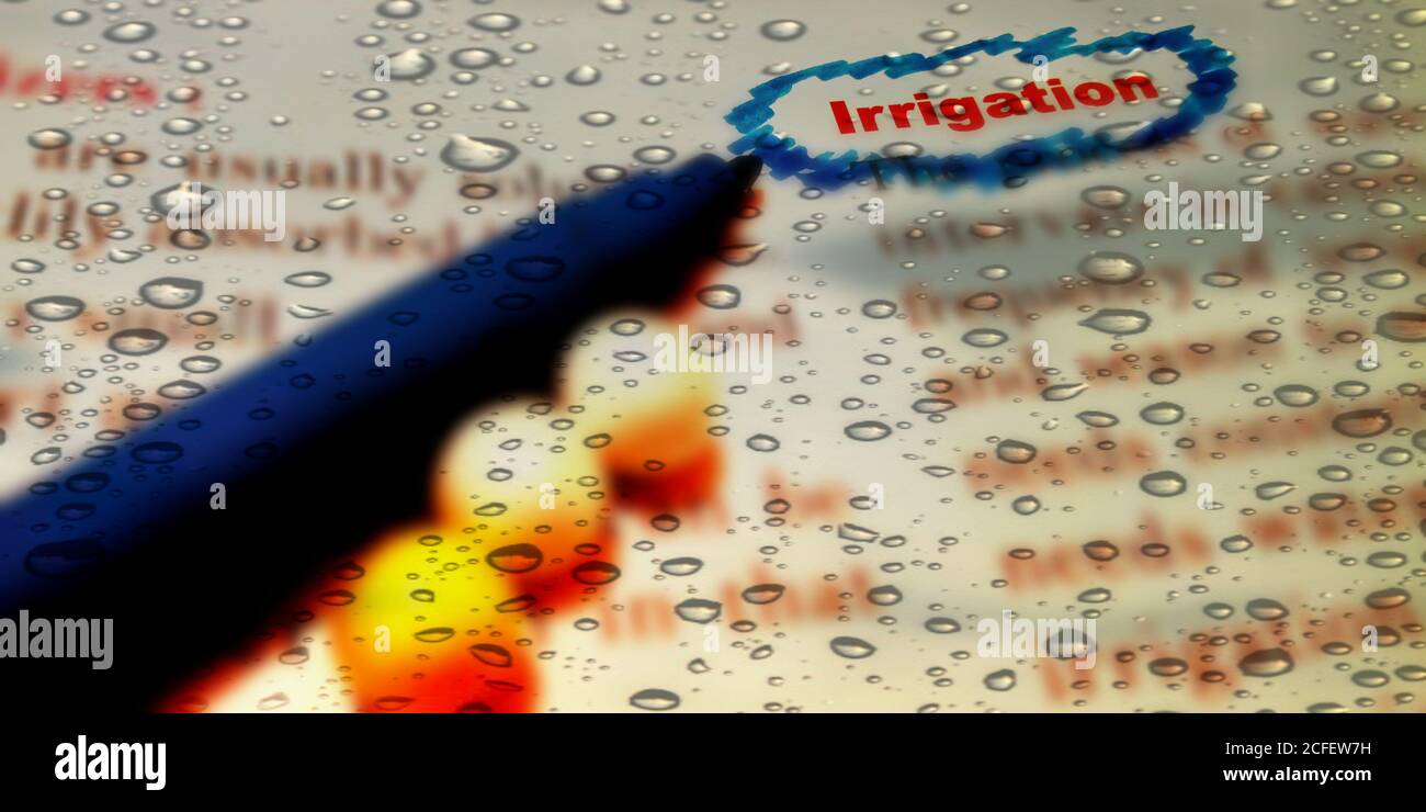 Irrigation word highlighted with closeup view on book word educational ...