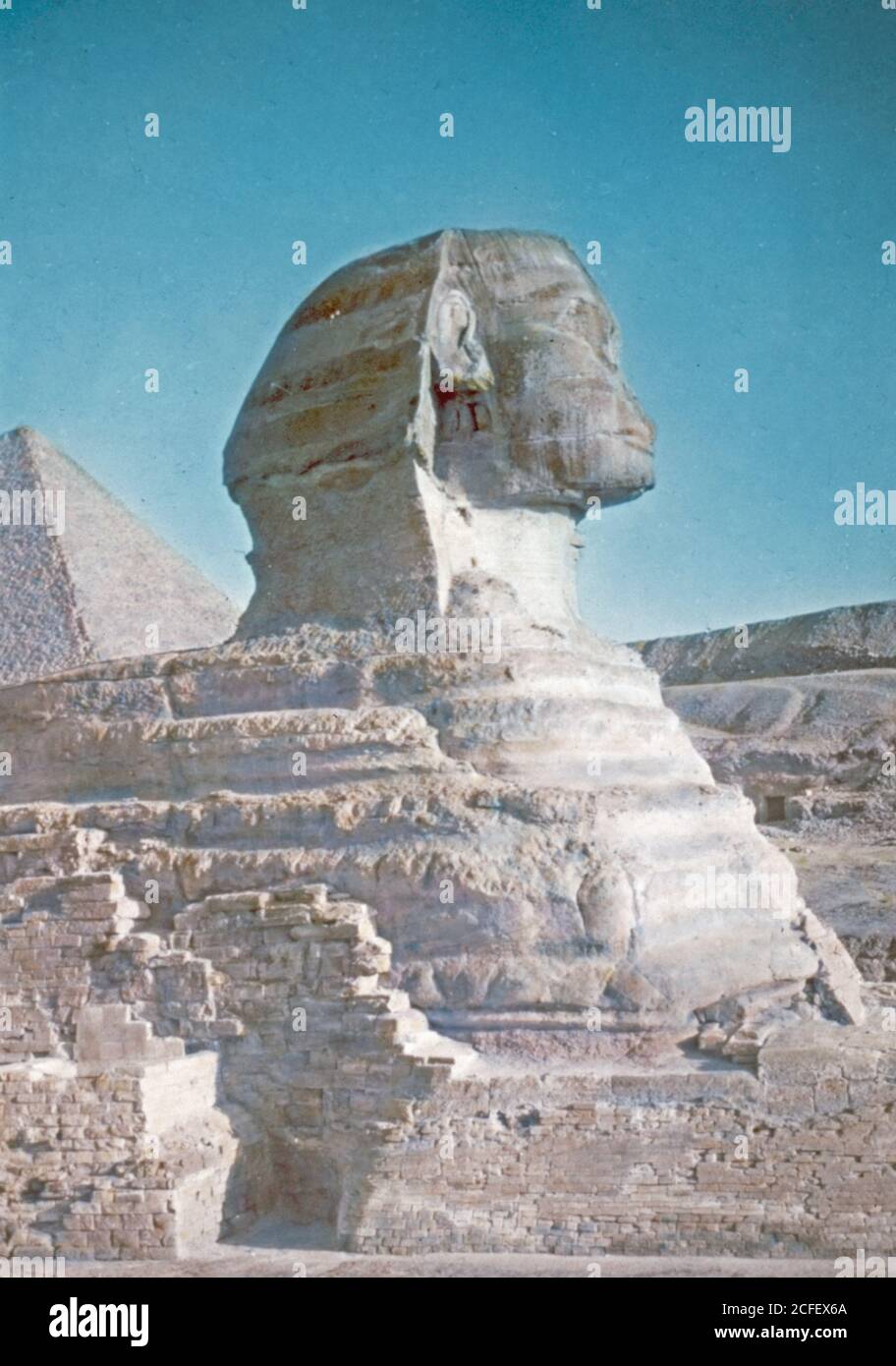 Original Caption: Egypt. Pyramids. The Sphinx close-up profile ...