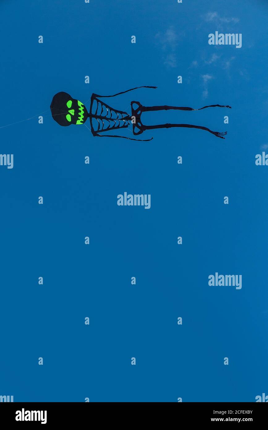 A teathered skeleton kite flutters in a cloudless sky on the south ...