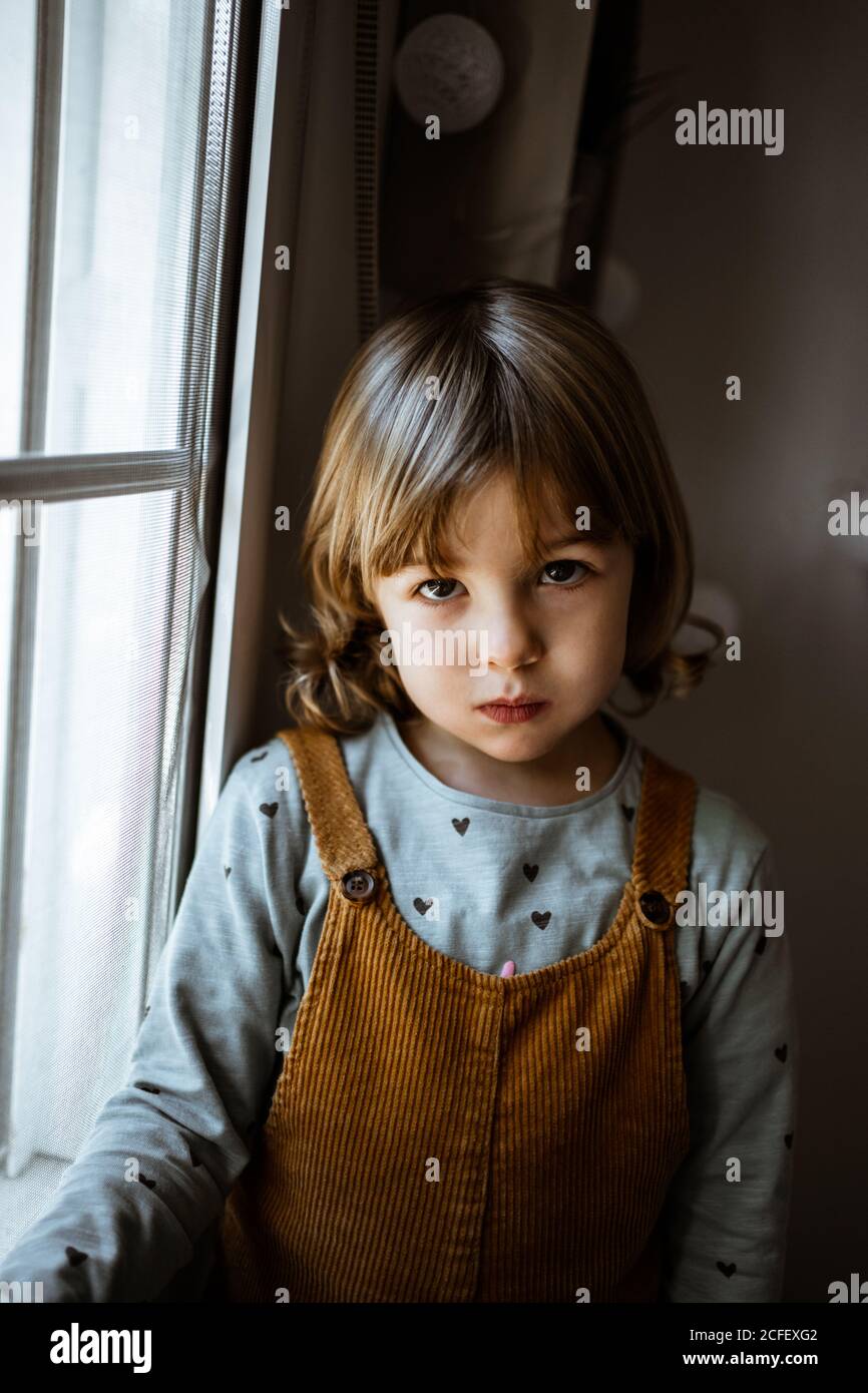 Adorable little girl in casual clothes looking out window while resting ...