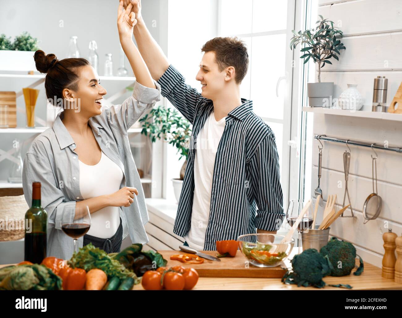 Healthy Food At Home Happy Loving Couple Is Preparing The Proper Meal