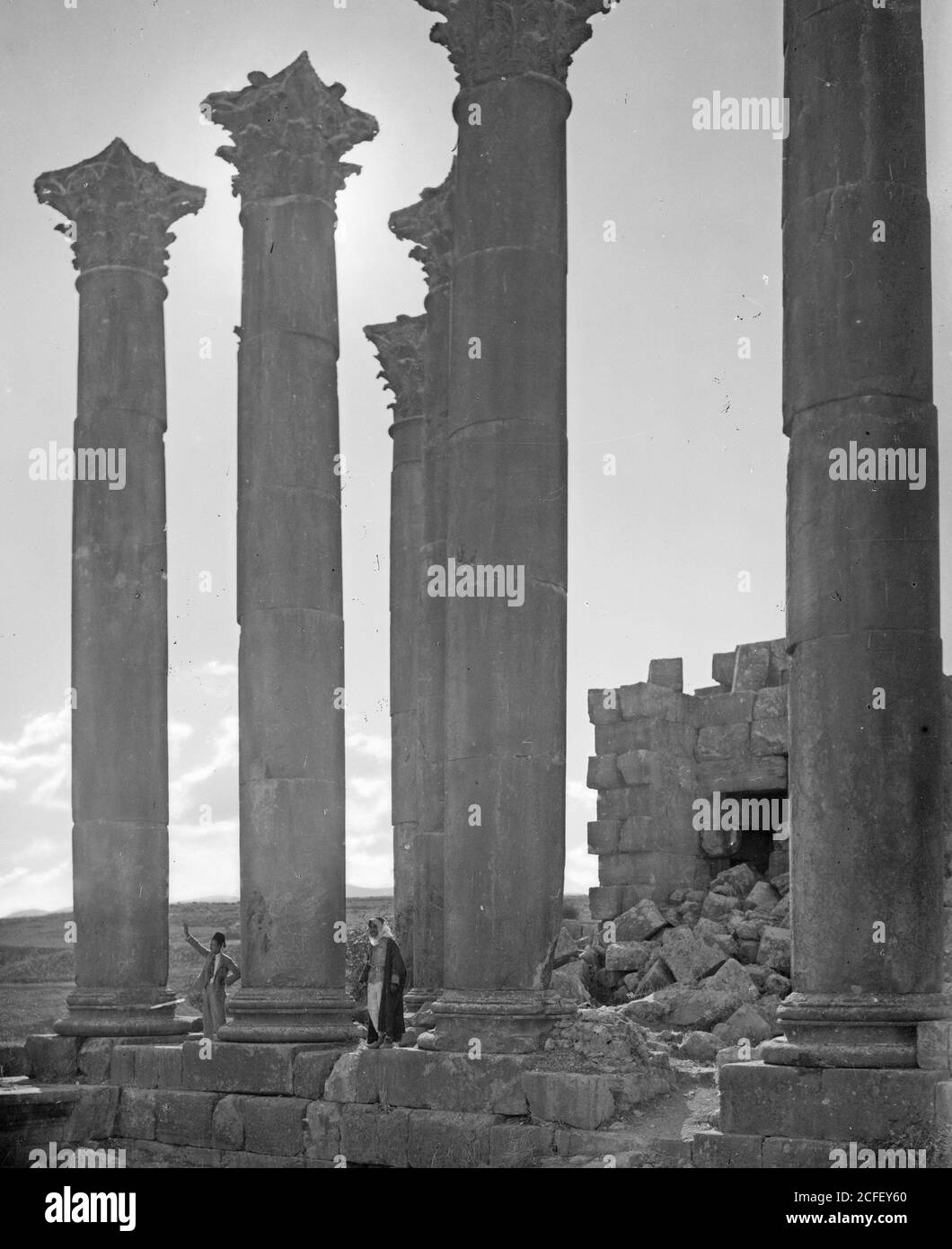 Ruins of Jerash (Gerasa). Pillars of Artemis. An evening silhouette ca ...