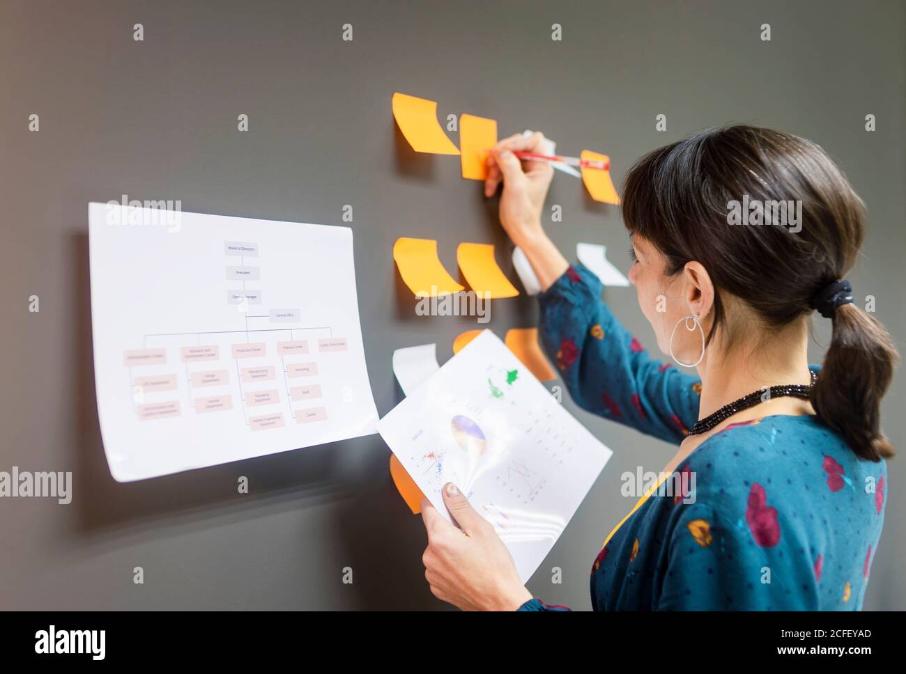 Side view of adult female holding paper sheet with charts and writing ...